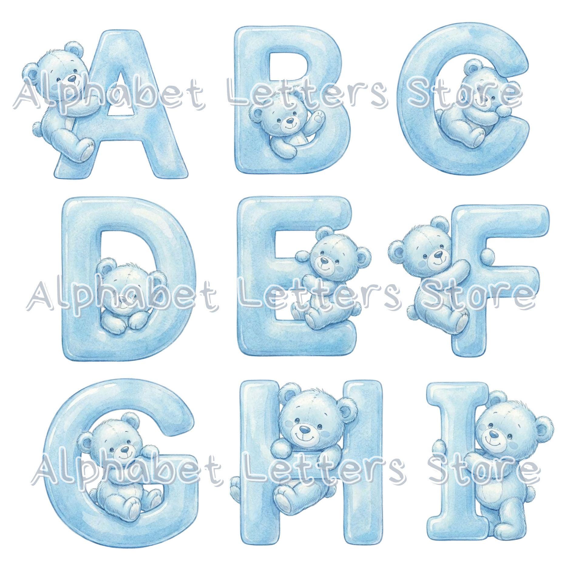 Blue Teddy Bear Alphabet PNG, Cute Baby Boy Letters and Numbers for ...
