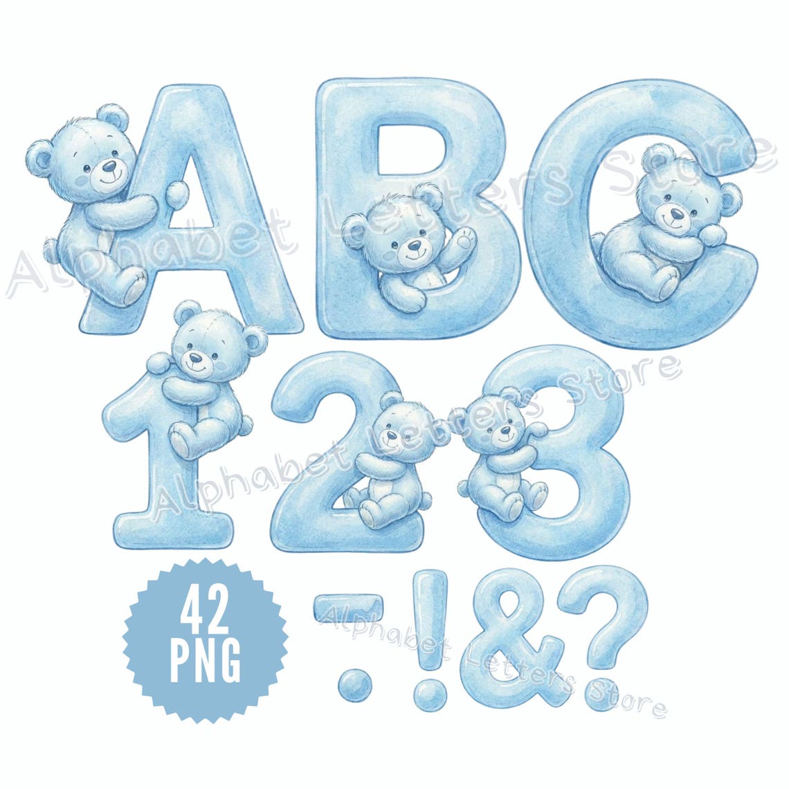 Blue Teddy Bear Alphabet PNG, Cute Baby Boy Letters and Numbers for ...