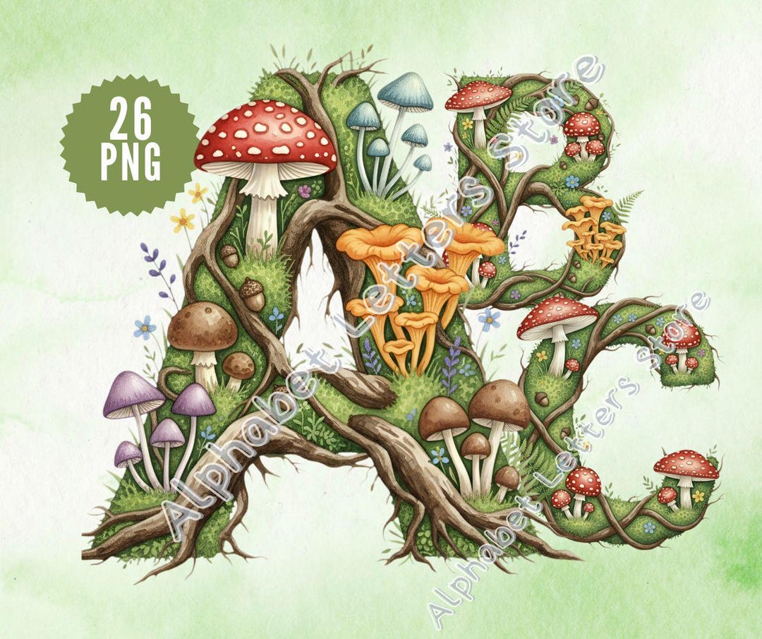 Mushroom Alphabet, Cottagecore Font, Forest Flora Letters, Woodland ...