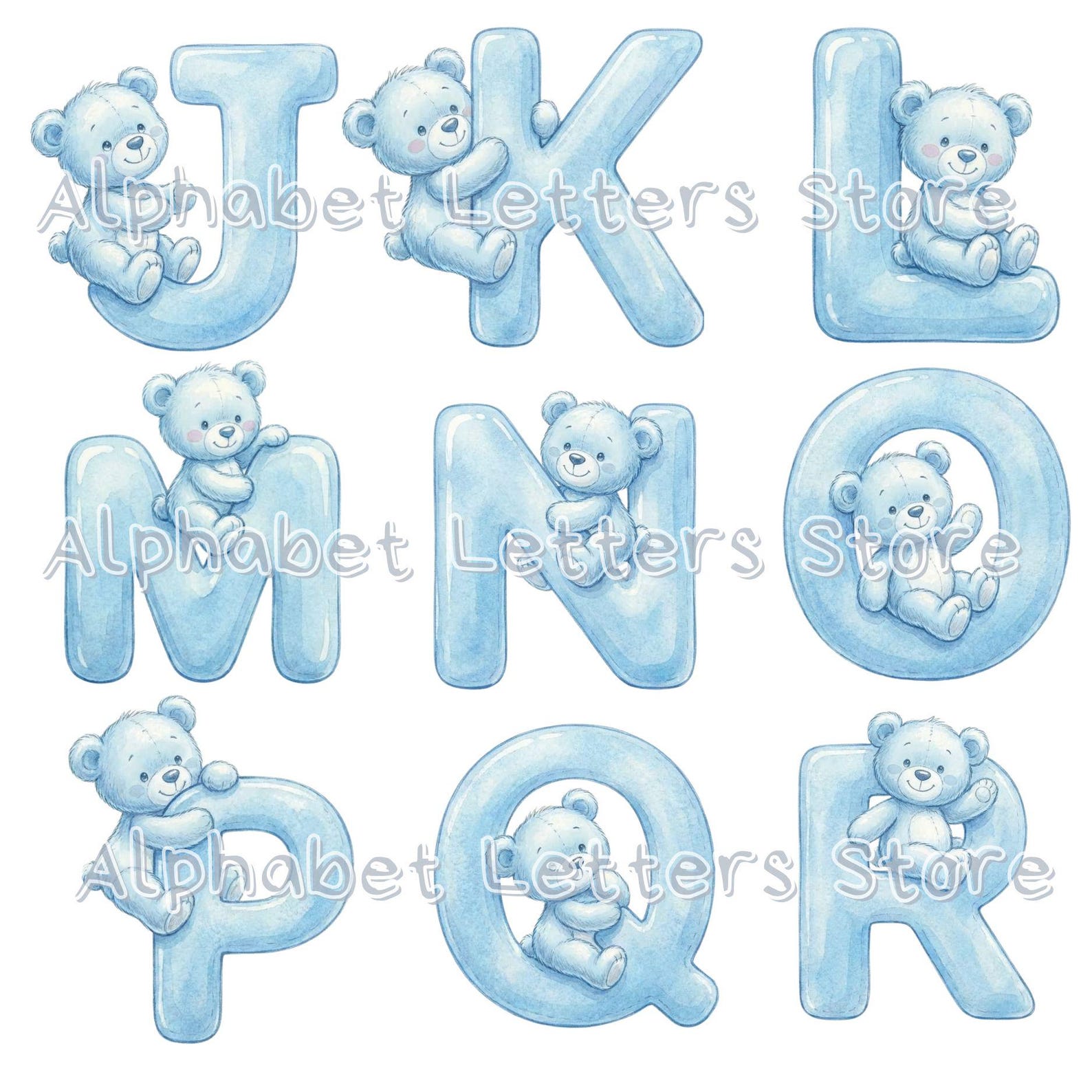 Blue Teddy Bear Alphabet PNG, Cute Baby Boy Letters and Numbers for ...