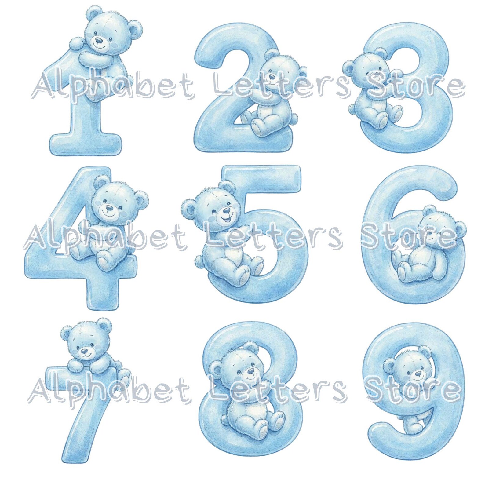 Blue Teddy Bear Alphabet PNG, Cute Baby Boy Letters and Numbers for ...