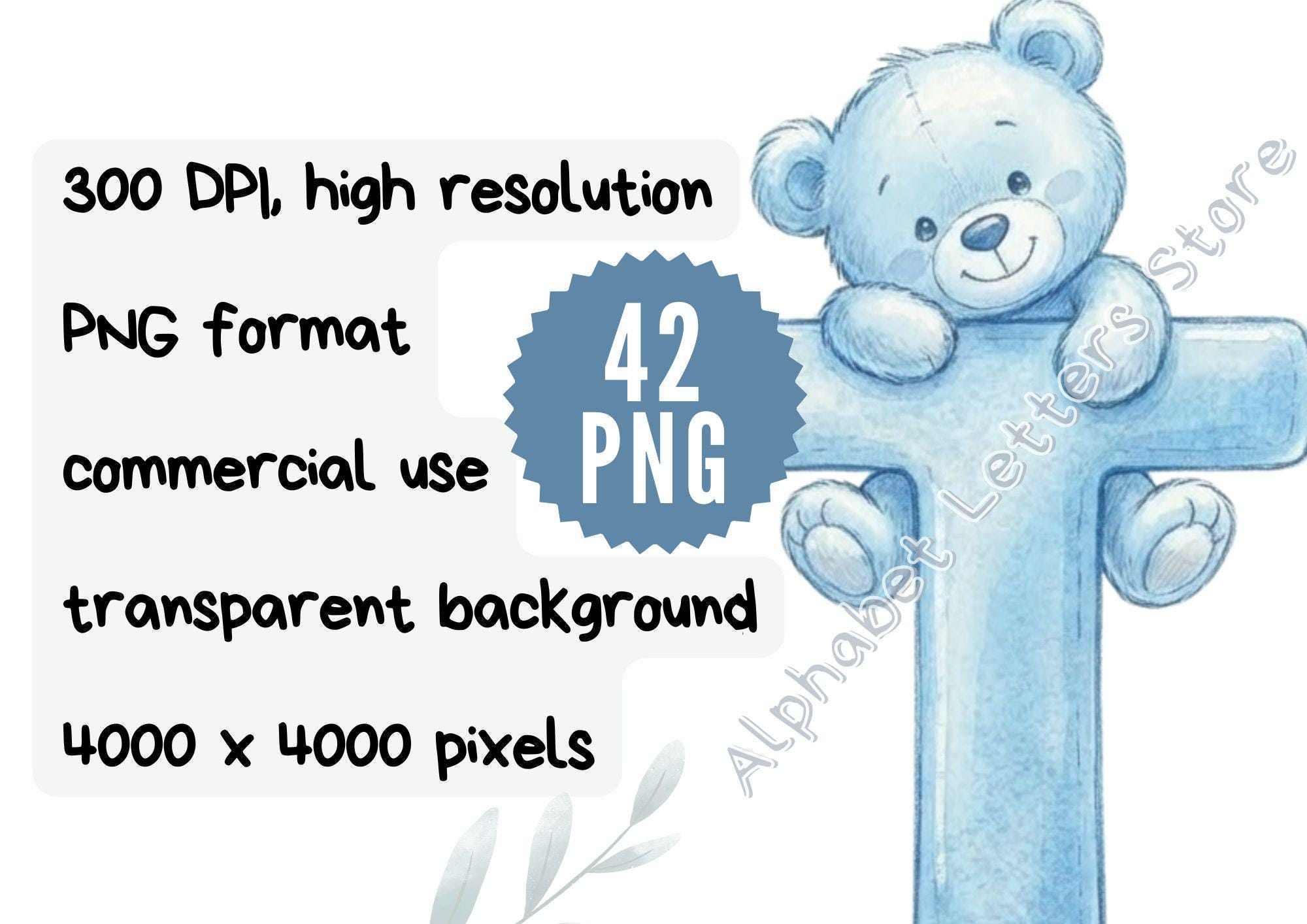 Blue Teddy Bear Alphabet PNG, Cute Baby Boy Letters and Numbers for ...