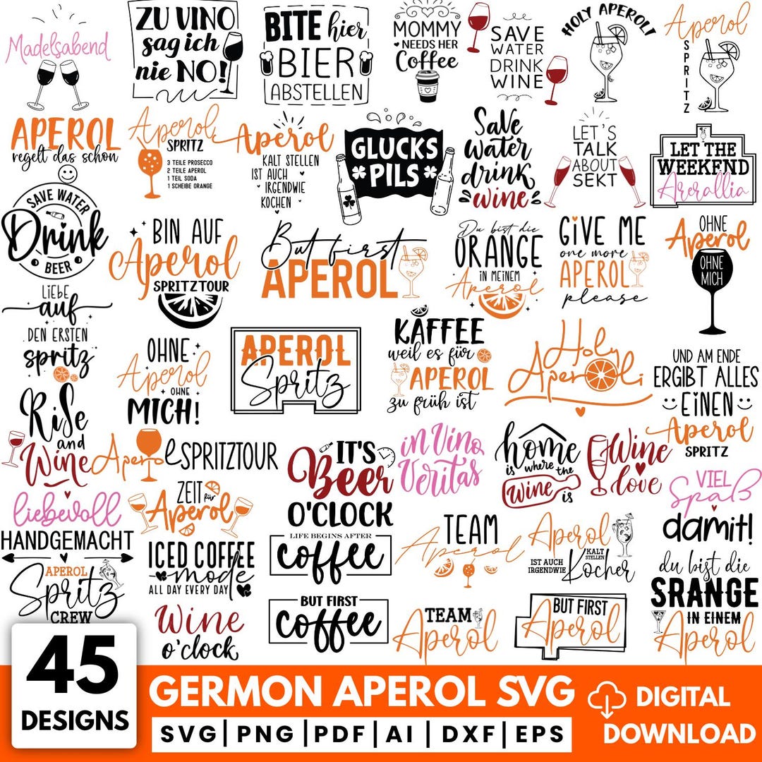 Deutsche Getränke SVG Bundle: Aperol, Kaffee, Wein, Bier Sprüche ...