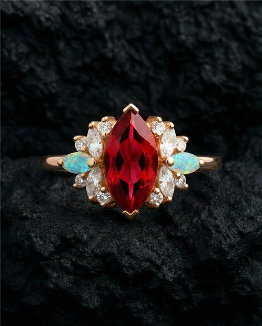 Vintage Marquise Cut Red Garnet & Moissanite Cluster Engagement Ring ...