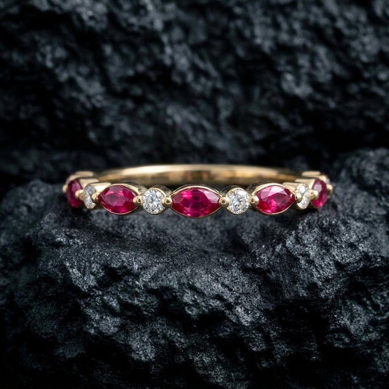 Marquise Cut Ruby & Moissanite Half Eternity Ring, Minimalist Alternate ...