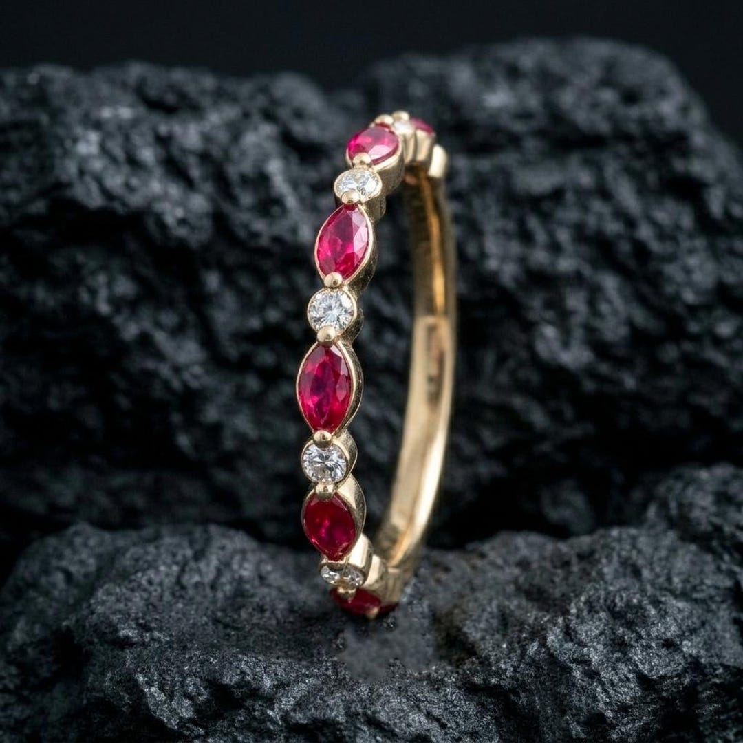 Marquise Cut Ruby & Moissanite Half Eternity Ring, Minimalist Alternate ...