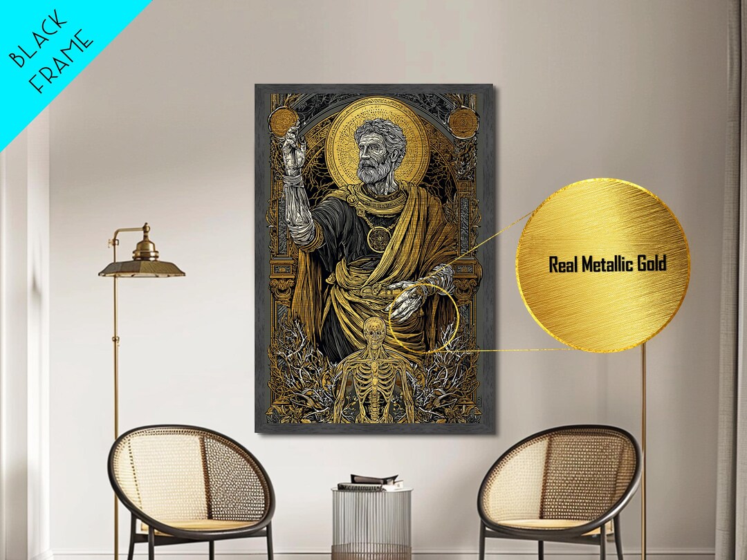 Ancient Philosopher With Skeleton, Metallic Gold Metal Print, Mythology ...