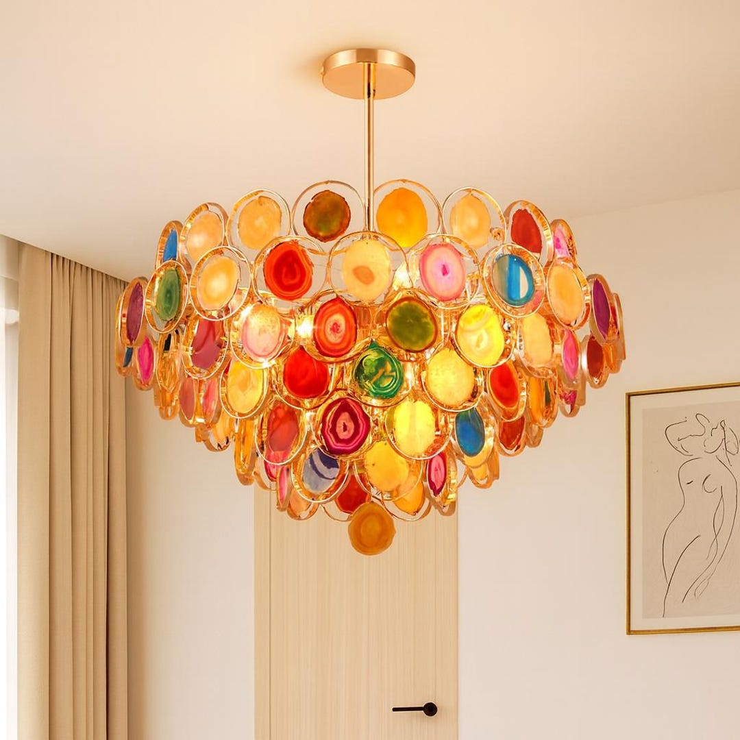 Luxury Agate Chandelier, Gold Flush Mount Gemstone Ceiling Light ...