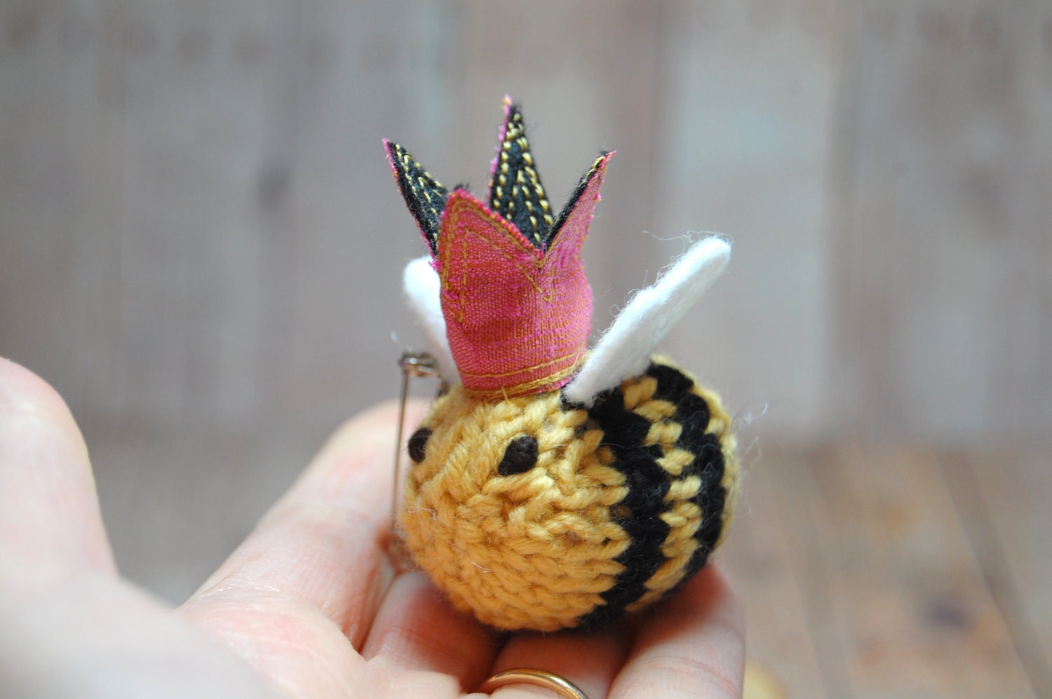 Queen Bee Brooch or Ornament, Knit Wool Bee With Silk Crown Lapel Pin ...