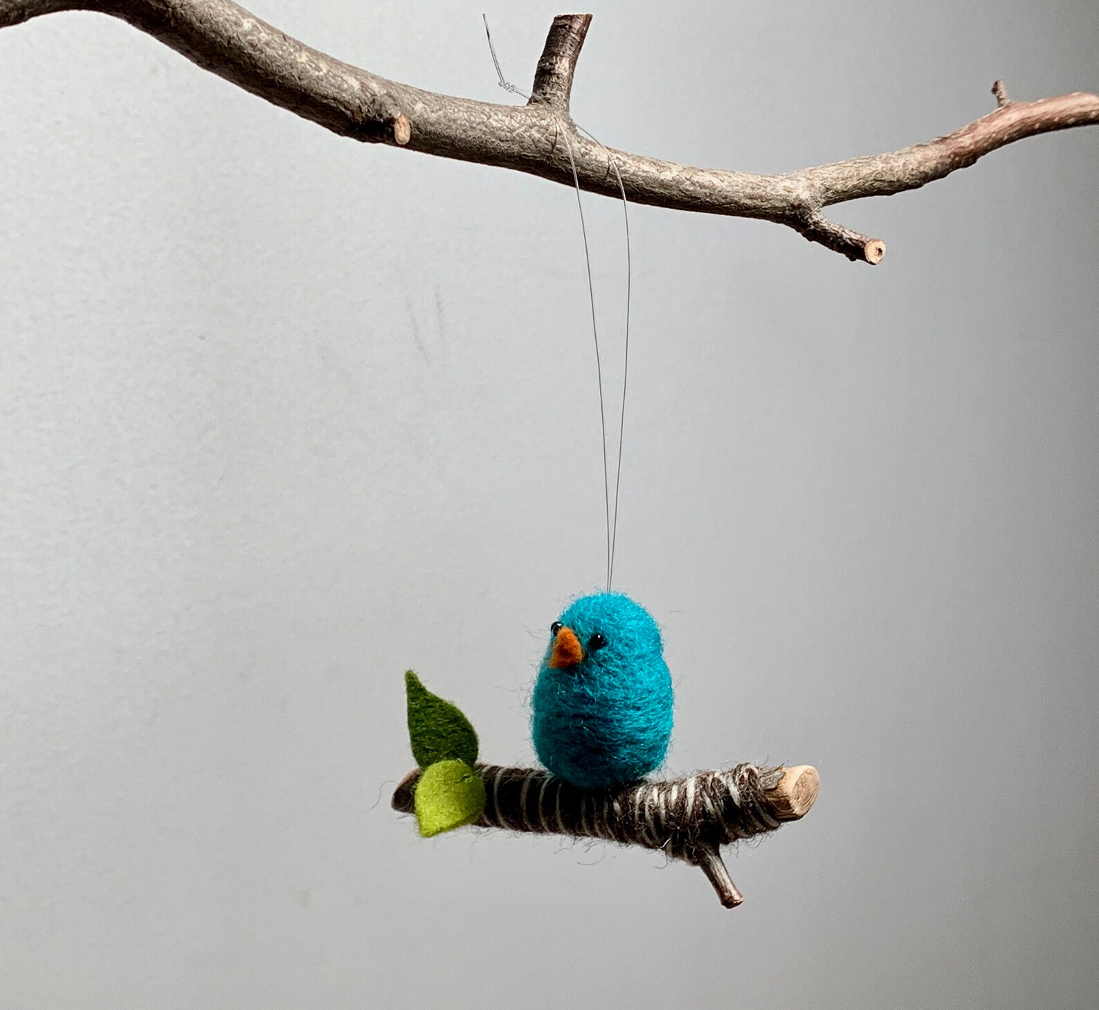Needle Felted Blue Bird Ornament, Bird on a Branch Ornament, Needle ...