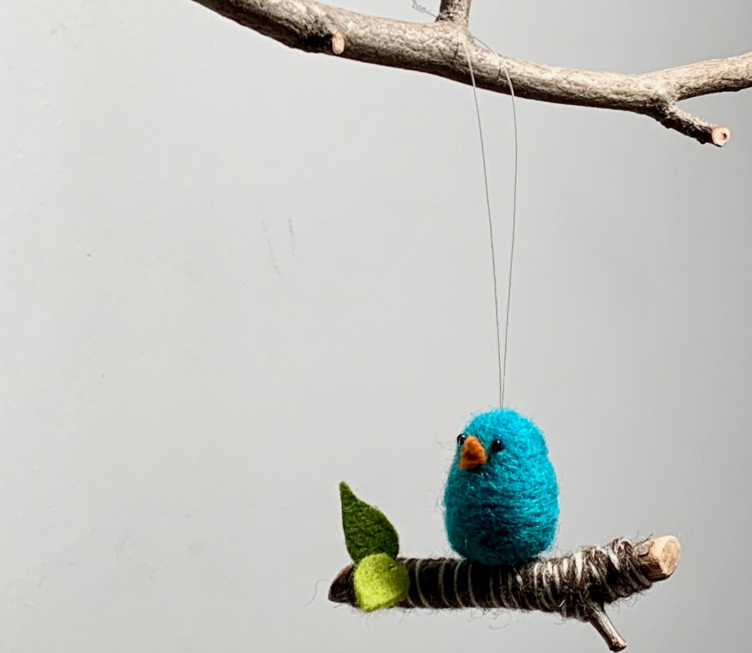 Needle Felted Blue Bird Ornament, Bird on a Branch Ornament, Needle ...