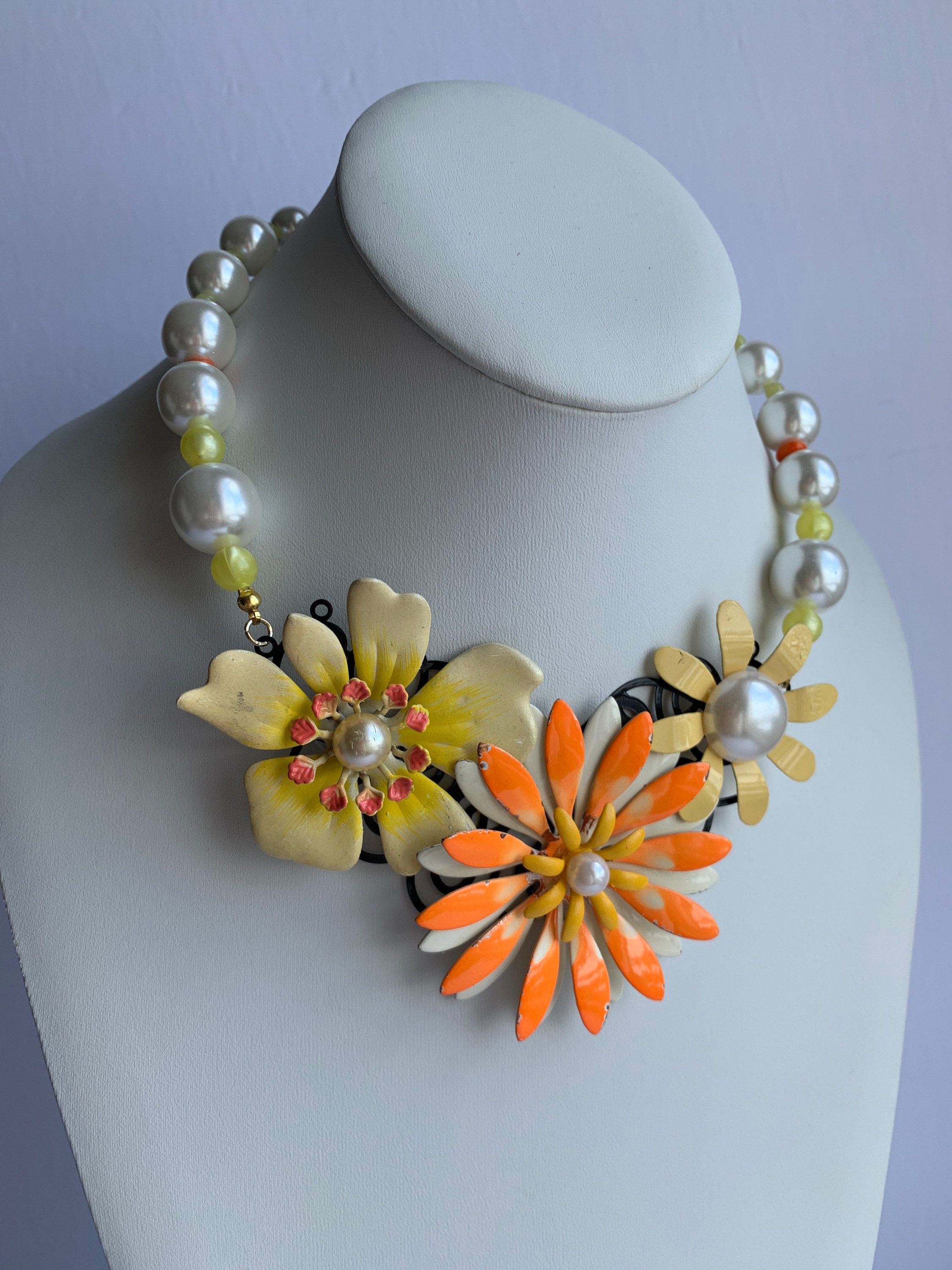 Flower Statement Necklace One of a kind Floral Bib Enamel | Etsy