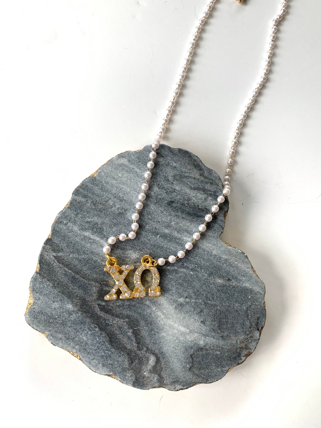 Chi Omega Necklace Licensed Greek Letter Pearl Lavalier Chi O Bead ...