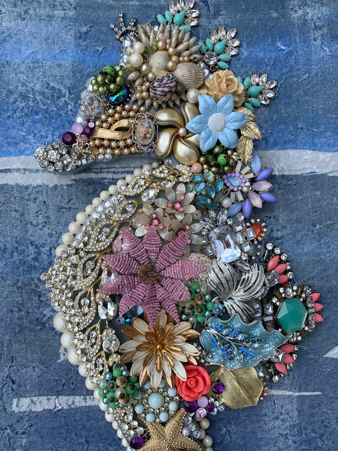 Jewelry Collage Art Sea Horse Assemblage Vintage Enamel Flower - Etsy