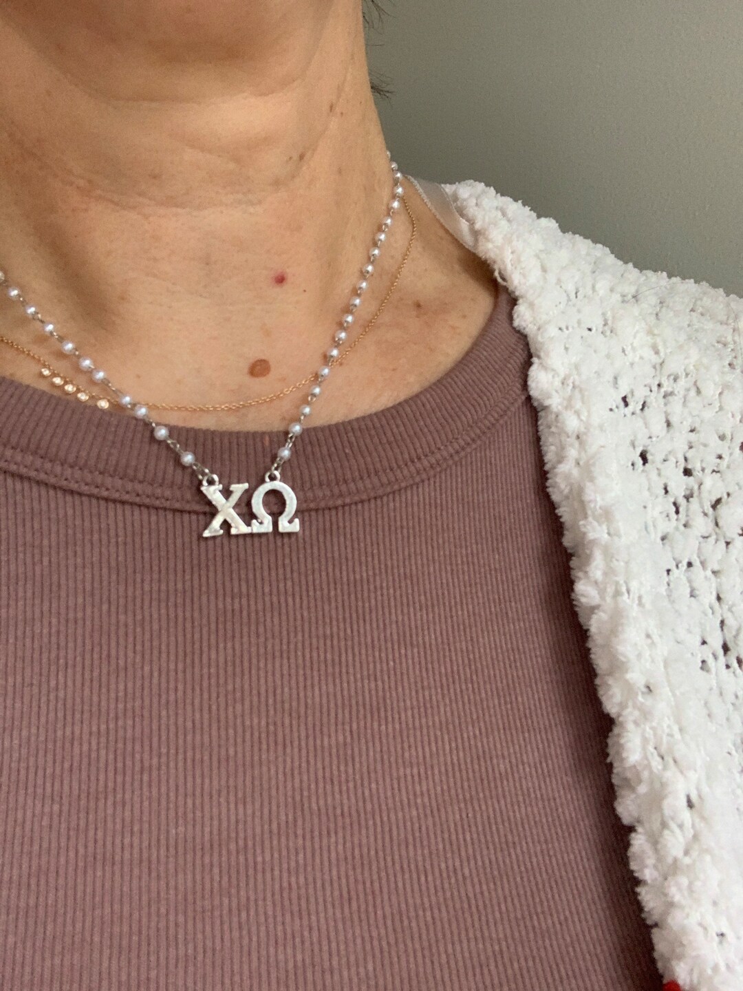 Chi Omega Necklace Licensed Greek Letter Pearl Lavalier Chi O Bead ...