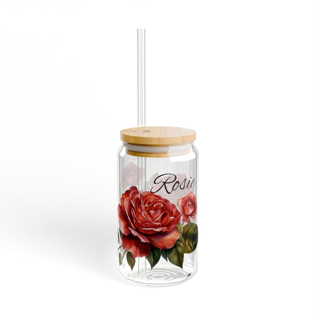 Personalized Red Rose Floral Sipper Glass | 16oz Clear Tumbler With ...