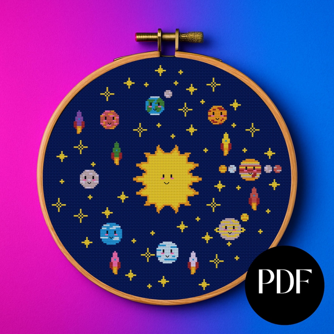 Happy Solar System Cross Stitch Pattern: Planets and Moons Embroidery ...