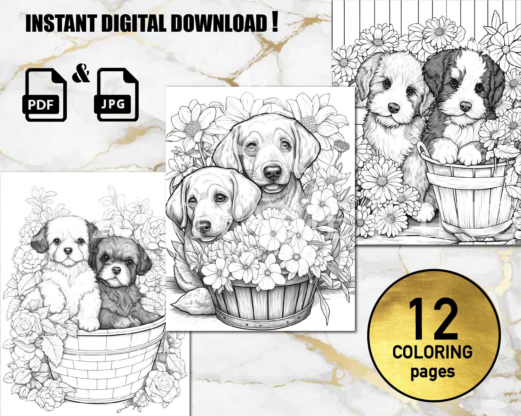 12 Printable Puppy Dog Coloring Pages Floral Coloring Page - Etsy