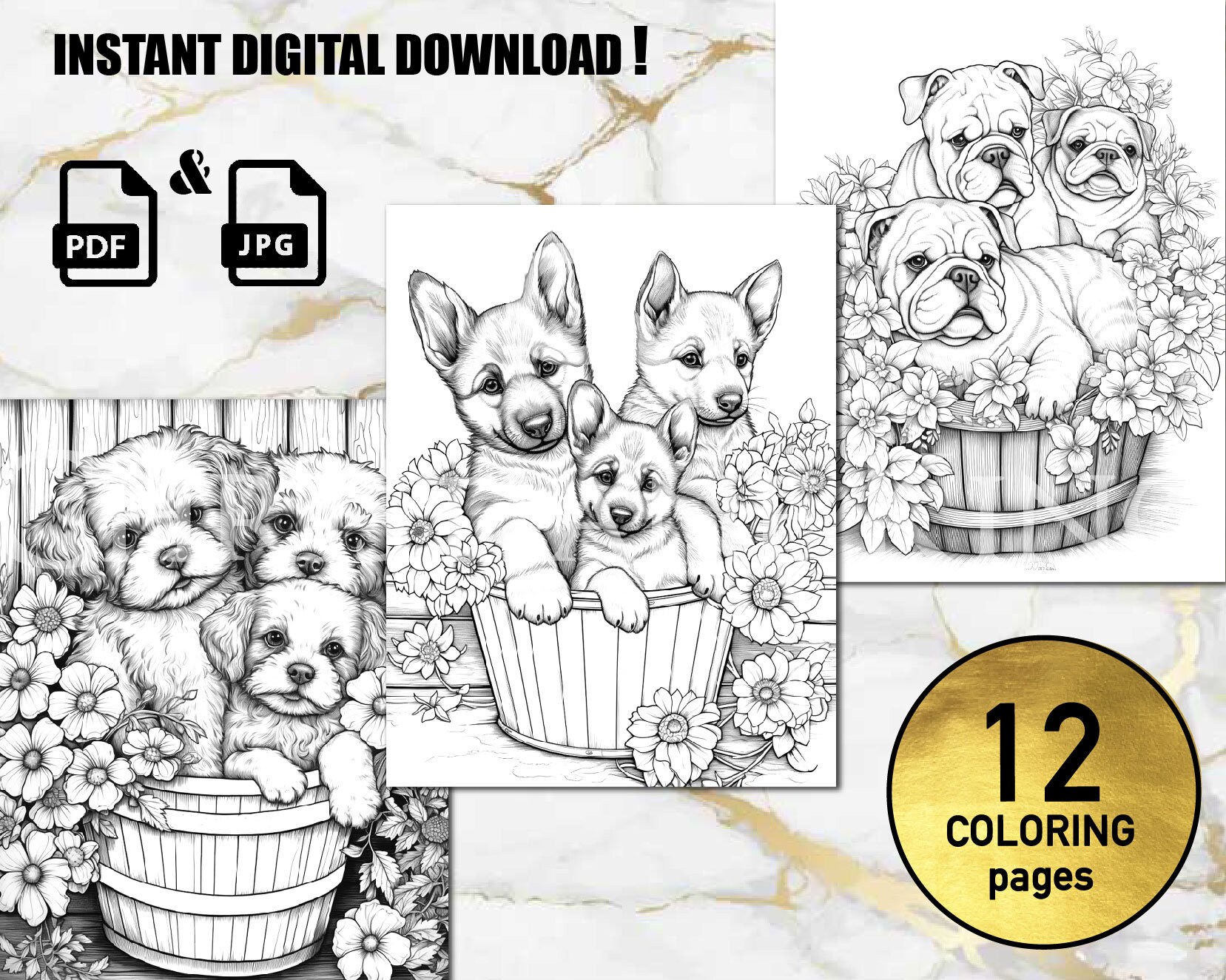 12 Printable Puppy Dog Coloring Pages Floral Coloring Page - Etsy