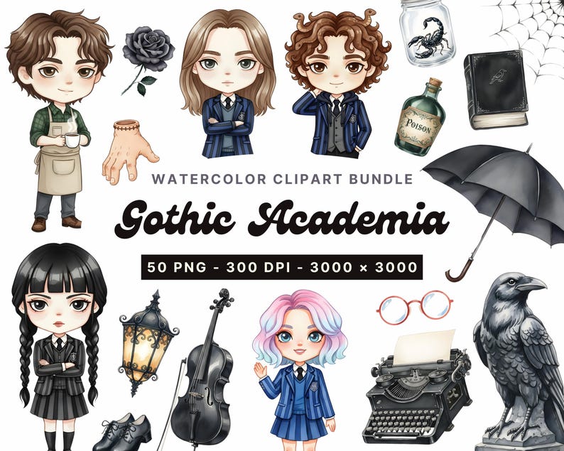 Dark Academia School Clipart Bundle, Gothic Watercolor Characters ...