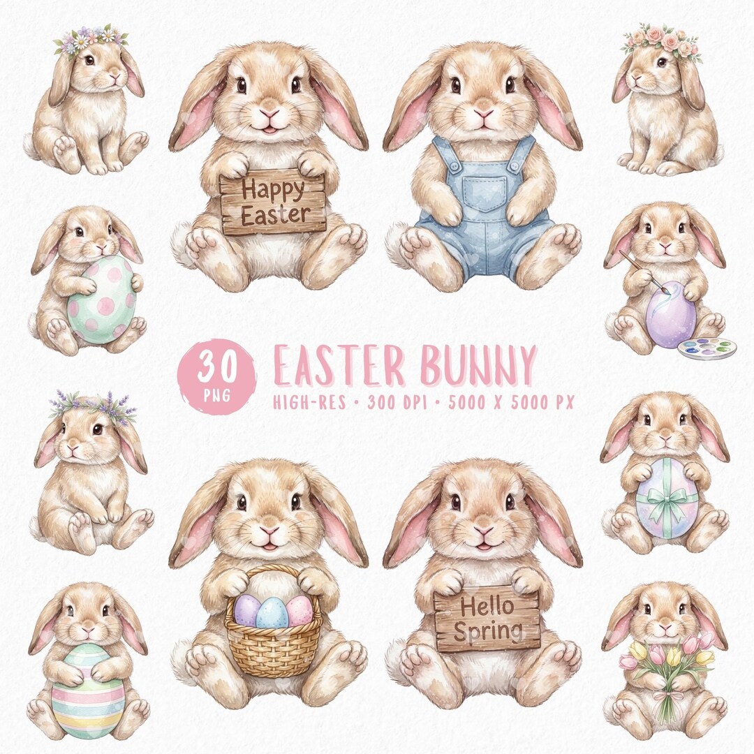 Watercolor Easter Bunnies Clipart, 30 PNG Baby Bunny Set, Rabbit Girl ...