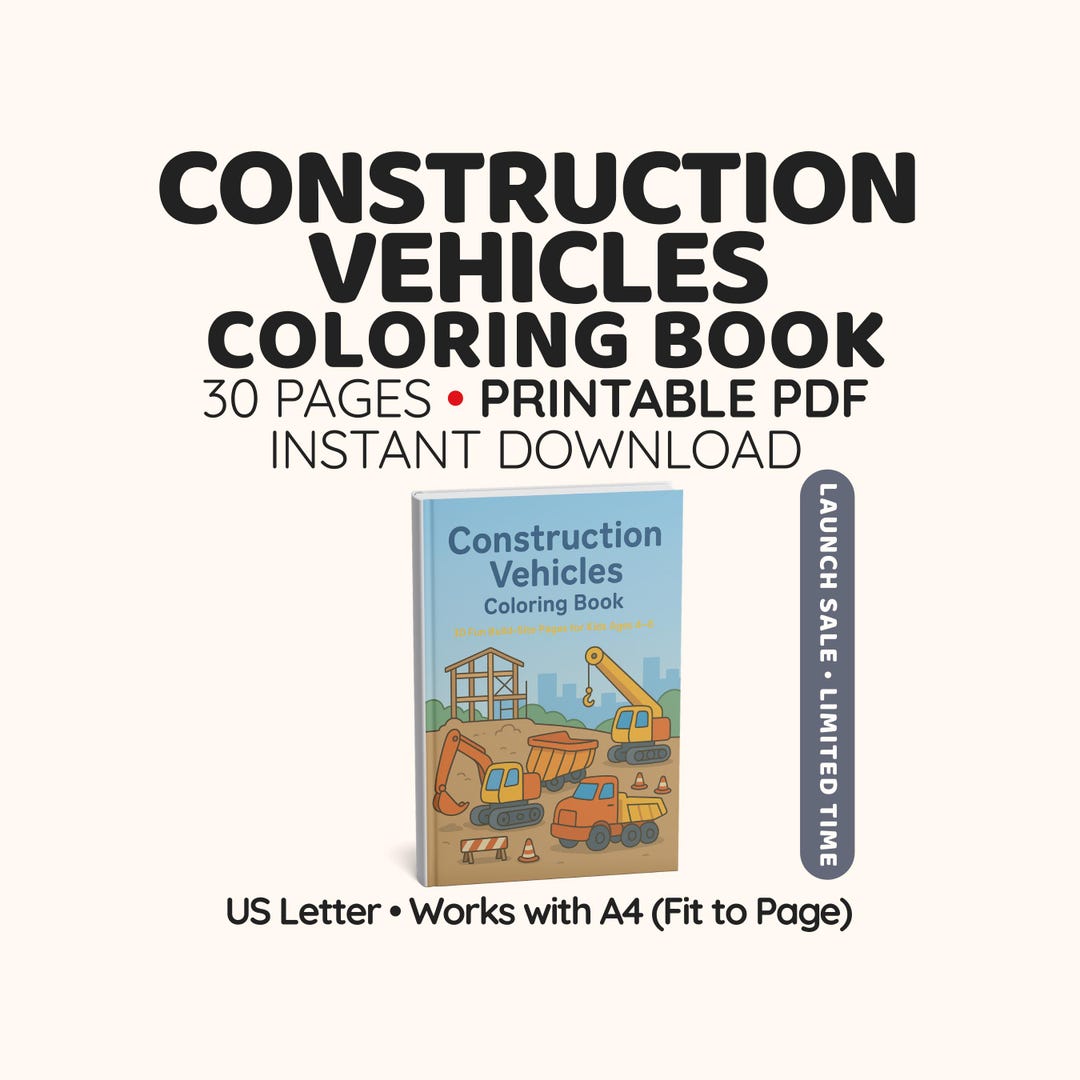 Construction Vehicles Coloring Book for Kids 4-6 Printable PDF Trucks ...