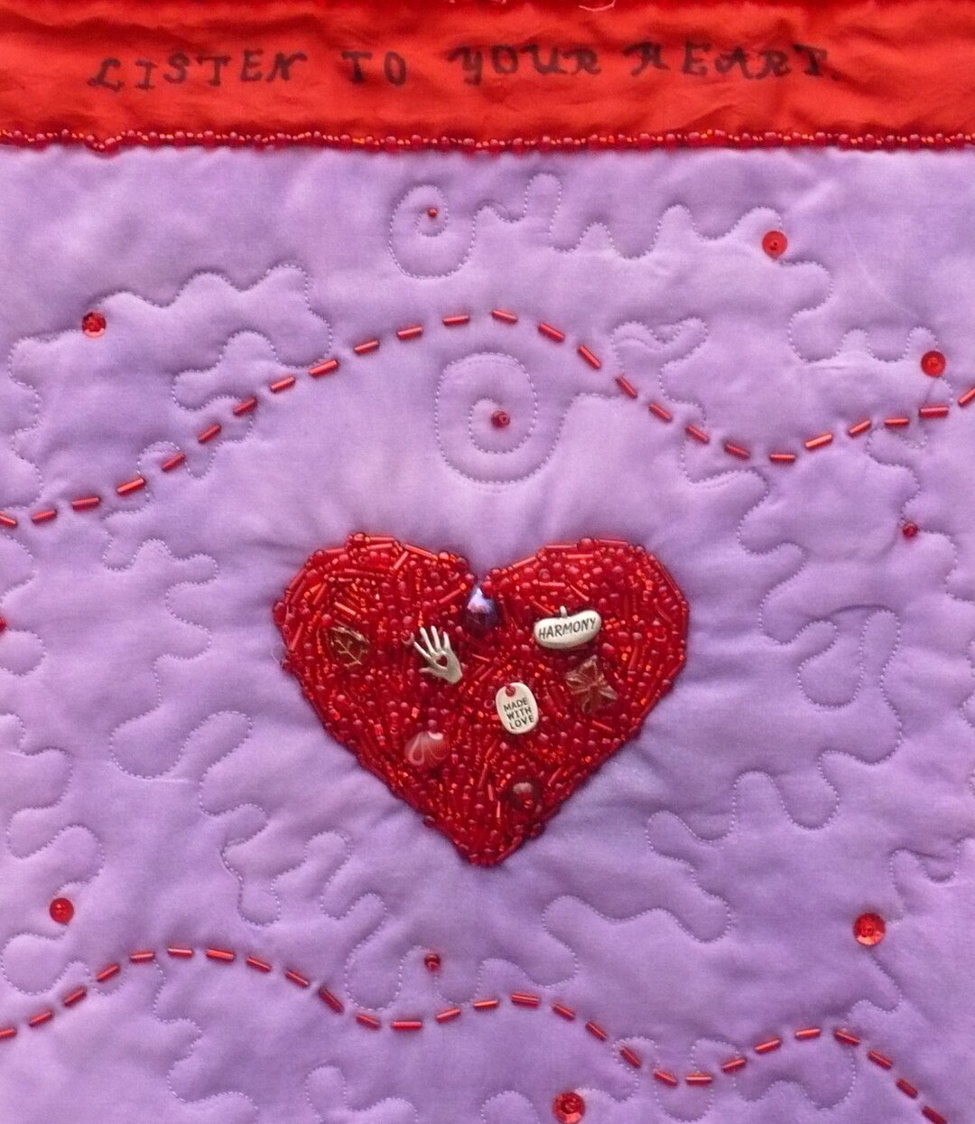 Red Heart Quilted Wall Hanging, Beaded Red Heart, Hand Beaded, Glass ...