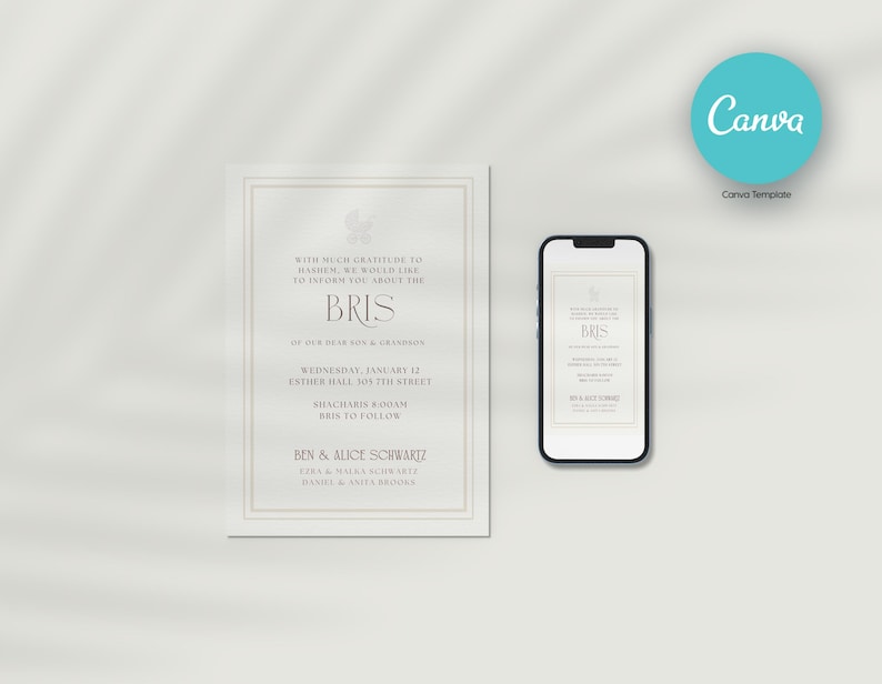 Classic Bris Invitation Template | Neutral Baby Boy Canva Invite ...