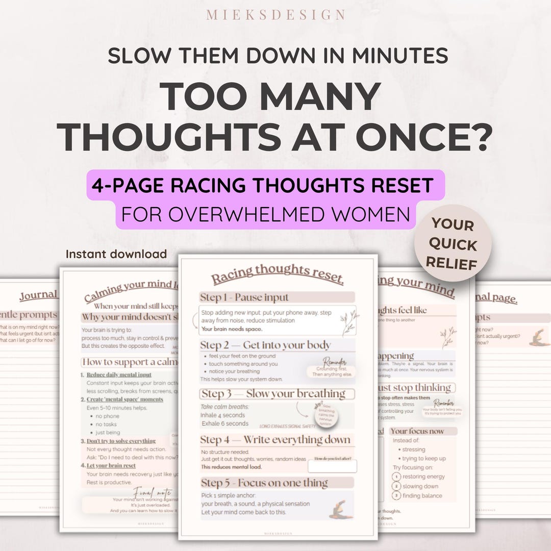 Racing Thoughts Reset Printable, Calm Your Mind Workbook, Stop ...