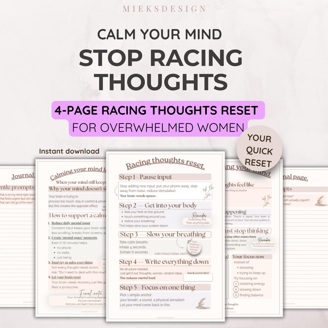 Racing Thoughts Reset Printable, Calm Your Mind Workbook, Stop ...