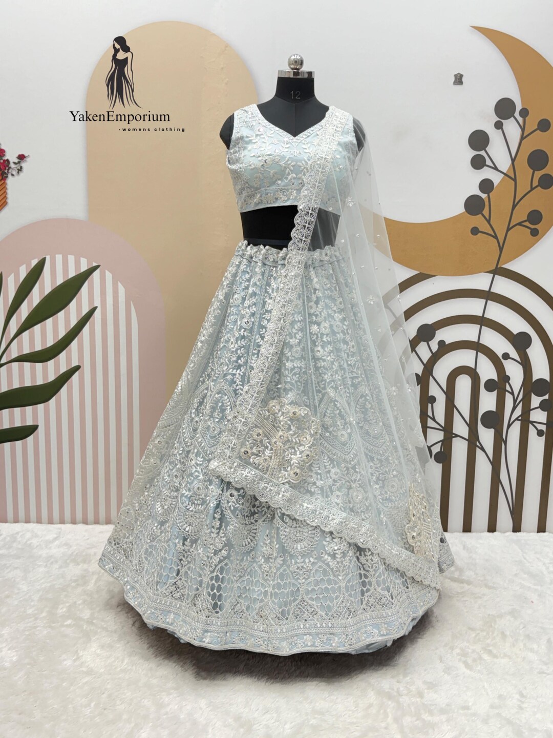 Sky Blue Net Lehenga Choli, Embroidery Sequence, Bridal Wedding Party ...