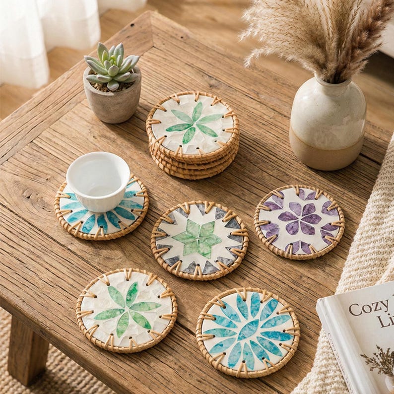 Handmade Boho Coaster Set, Natural Shell and Rattan Drink Coasters ...