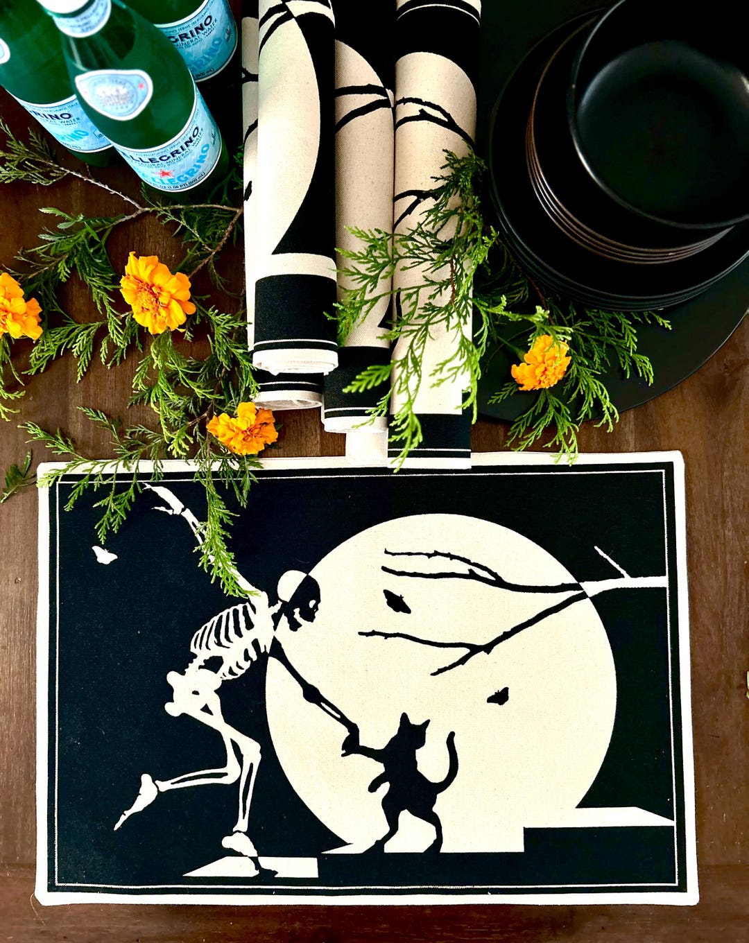 Halloween Placemat: Dancing Skeleton & Black Cat, Cotton Canvas ...
