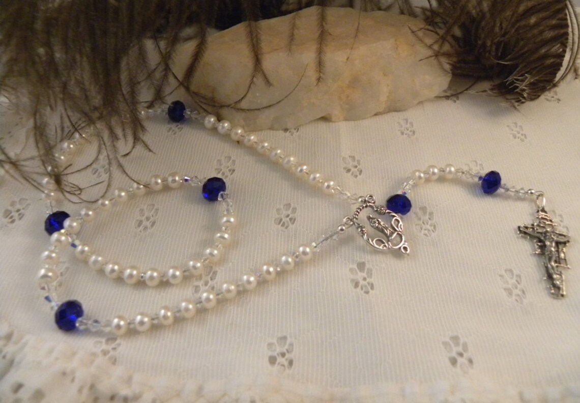 Cobalt Blue Crystal and Cultured Pearl Rosary With Sterling Silver ...