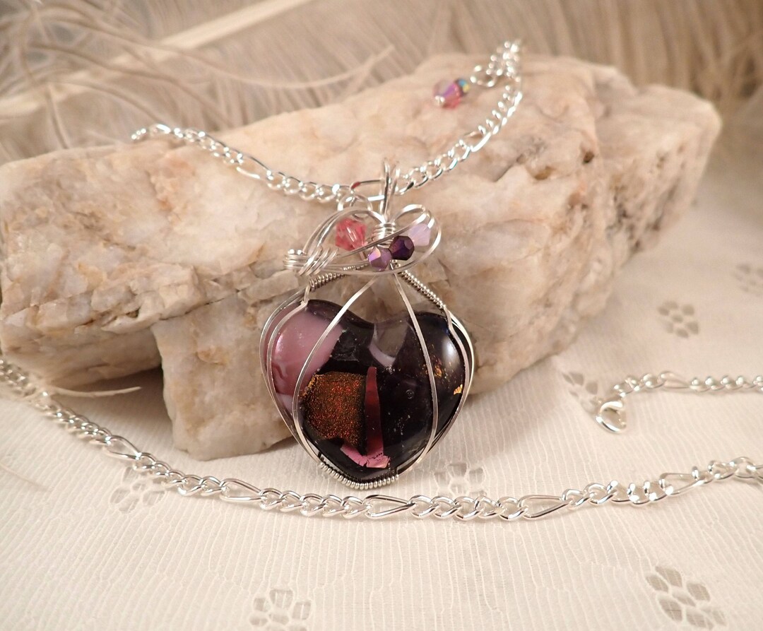 Dichroic Glass Mauve Heart Pendant Wrapped in Argentium Sterling Silver ...