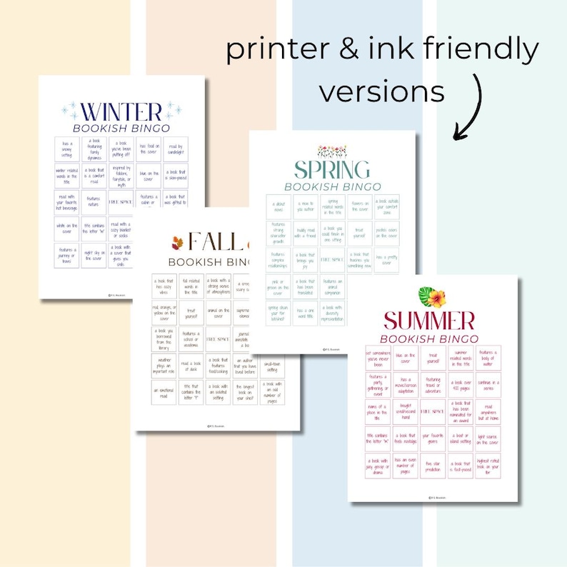 Book Bingo Reading Challenge Printable for Winter, Spring, Summer, and ...