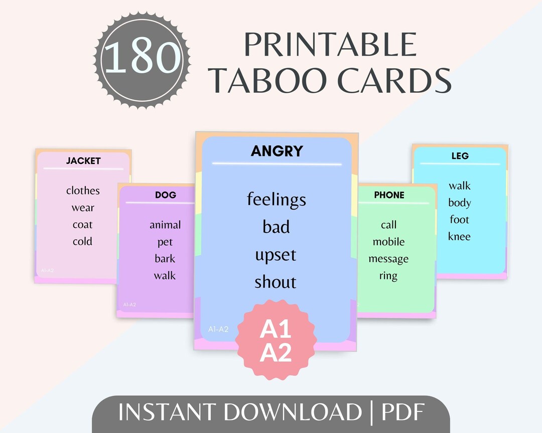 ESL Taboo Cards Game A1-A2 | 180 Printable Cards | Speaking Activity ...