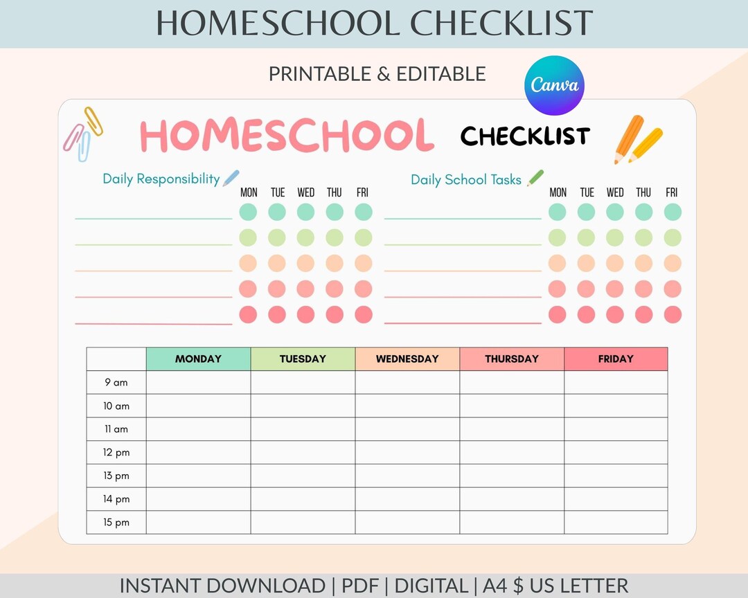 Homeschool Planner Checklist | Printable Editable | Daily Schedule for ...