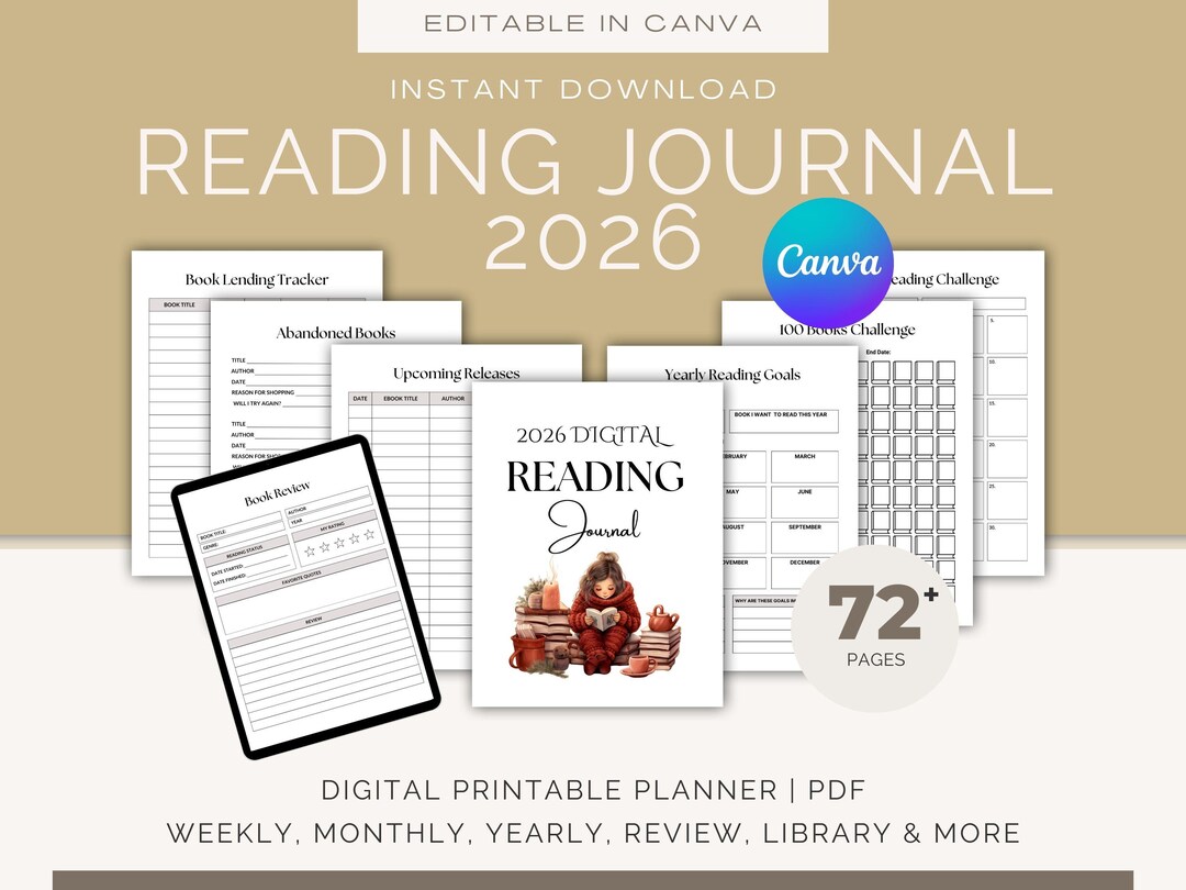 Reading Journal 2026, Printable Editable Planner, Book Diary, Monthly ...