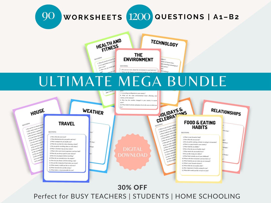 ESL Conversation Cards Bundle for ESL Teachers and Students A1 to B2 ...