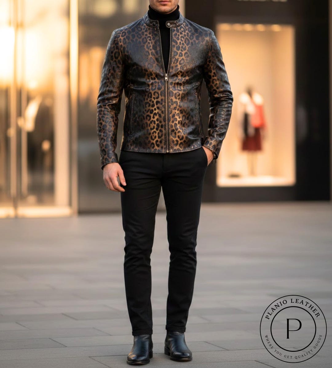 Luxury Men's Cheetah Print Leather Jacket – Real Sheepskin Slim Fit ...