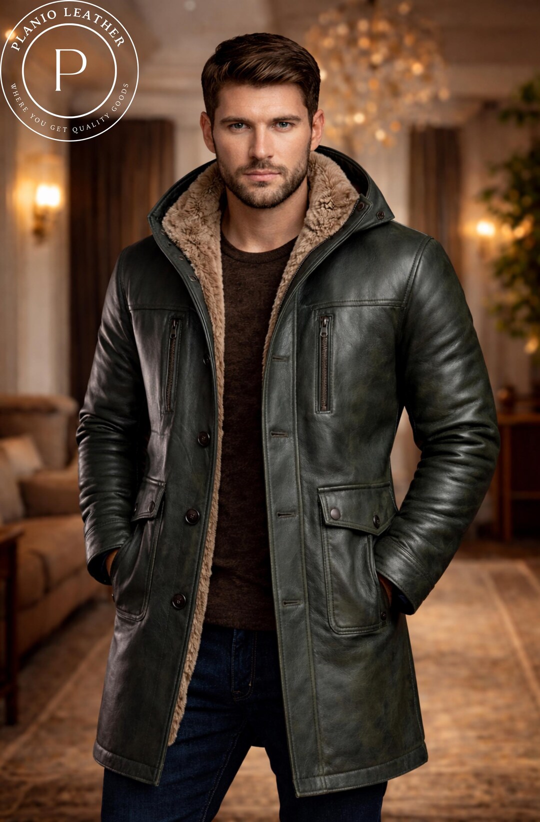 Men’s Dark Green Leather Hooded Long Coat Above Knee | Faux Fur Lined ...