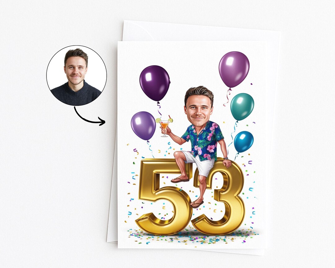 Custom Greeting Card for 53rd Birthday, 53rd Anniversary, Caricature ...