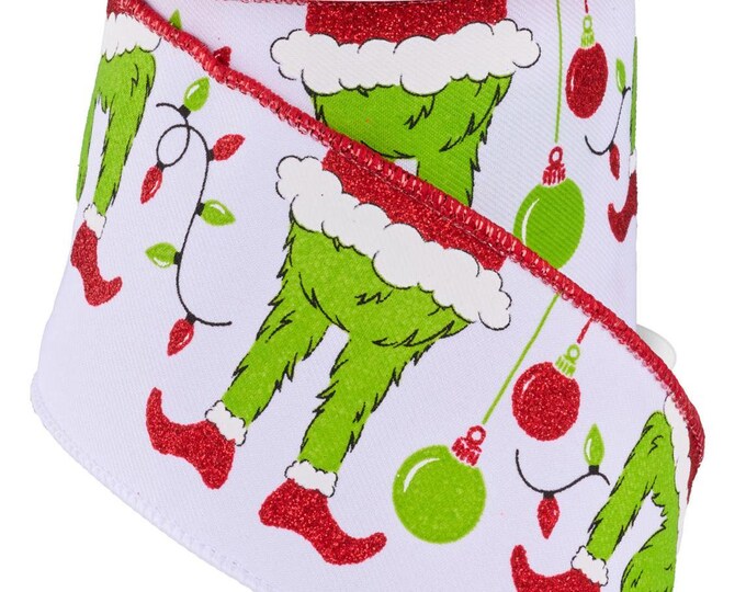 2.5 X 10yds. Furry Green Monster Elf Legs Wired Ribbon, White/lime ...