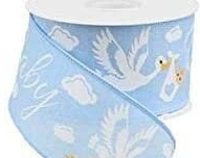 Stork & Baby Light Blue Wired Ribbon 2.5"x 10yds, Baby Boy Ribbon, Any ...
