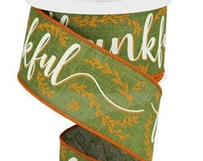 2.5 Thankful Wired Ribbon Moss Green, Cream, Orange, 10 Yards ...