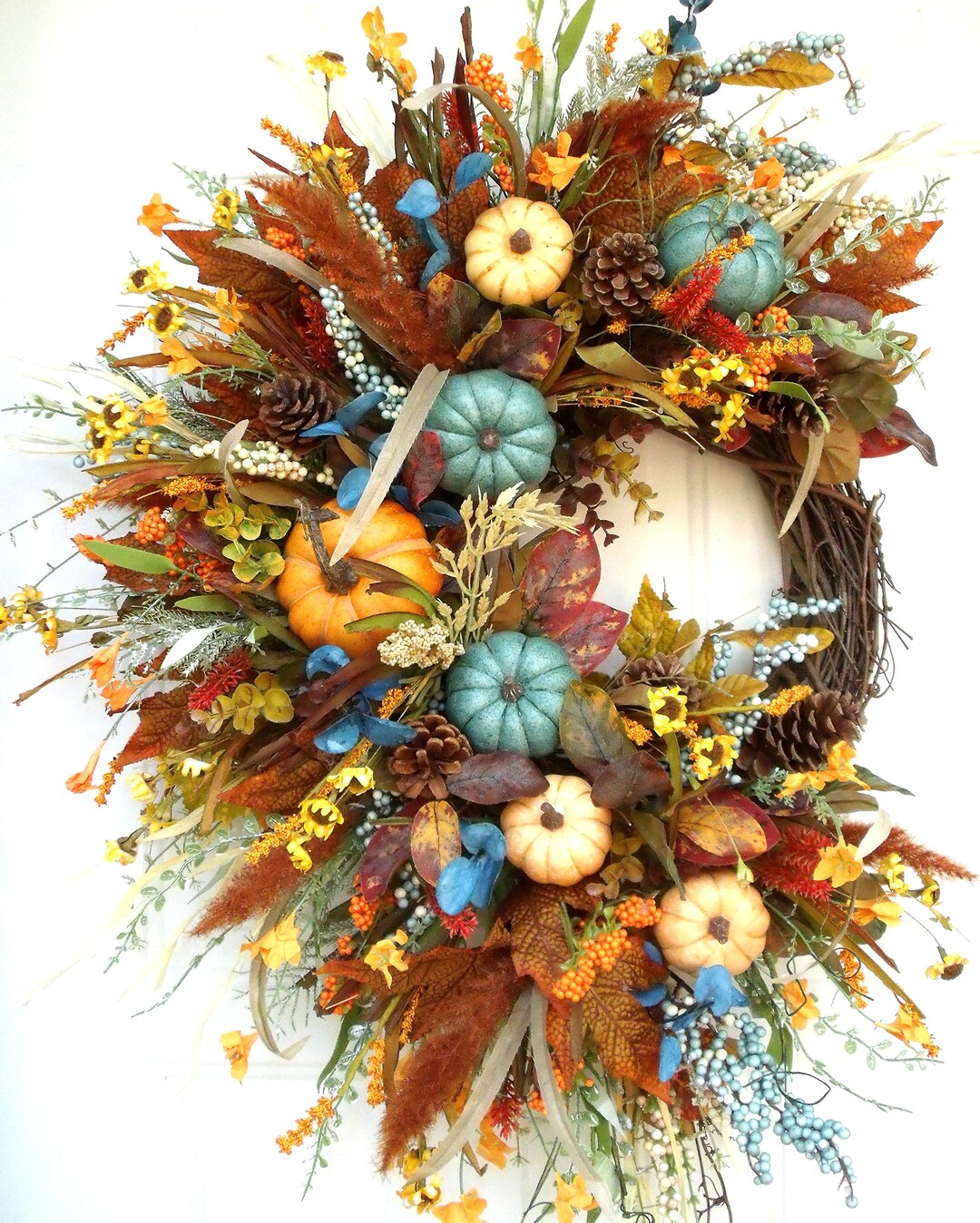 Foliage Wispy Pinecone Pumpkin Fall Wreath, Autumn Front Door or Wall ...