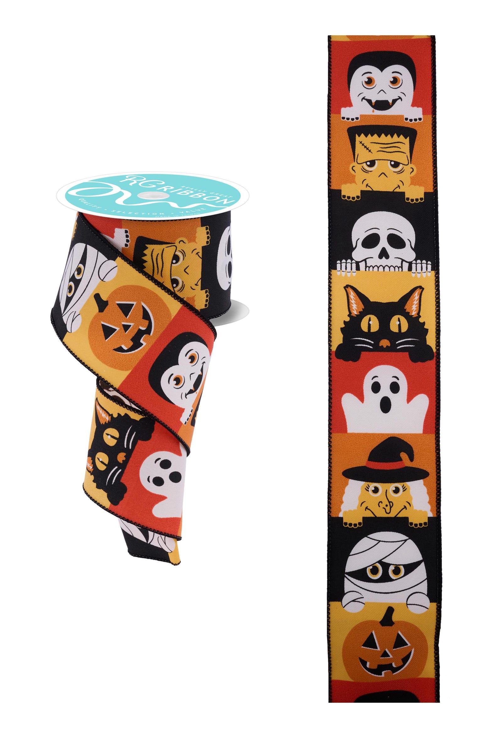 Halloween Wired Ribbon: Peek-a-boo Characters, Candy Corn Colors (2.5"x ...