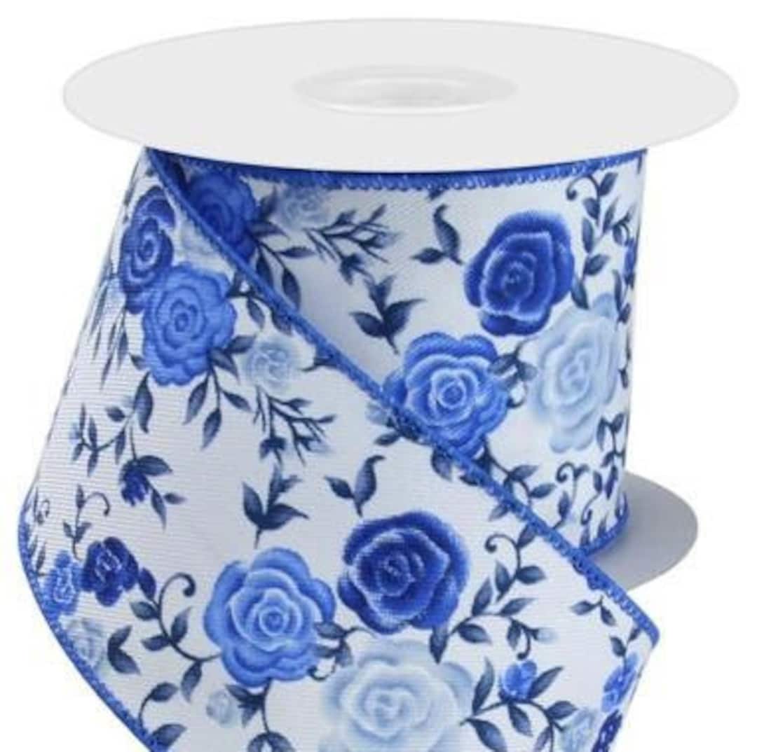 White/multi Blue Mini Roses Wired Ribbon, 2.5 X 10 Yds Any Season ...