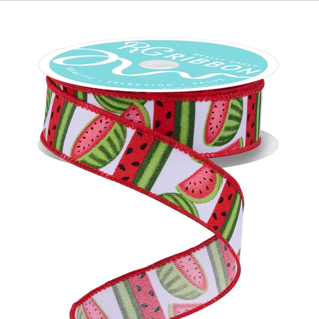 Watermelon Seeds/stripes Wired Ribbon: 7/8" X 10 Yds, White/red/pink ...